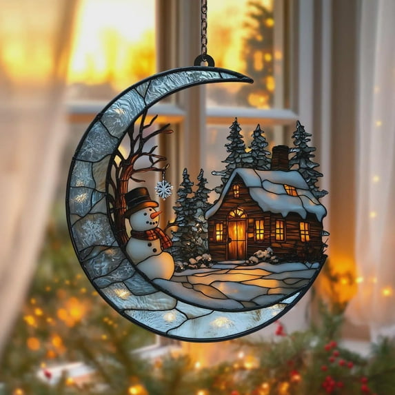 2025 Snowy Cabin Acrylic Suncatcher and Ornament, Faux Stained Glass ...