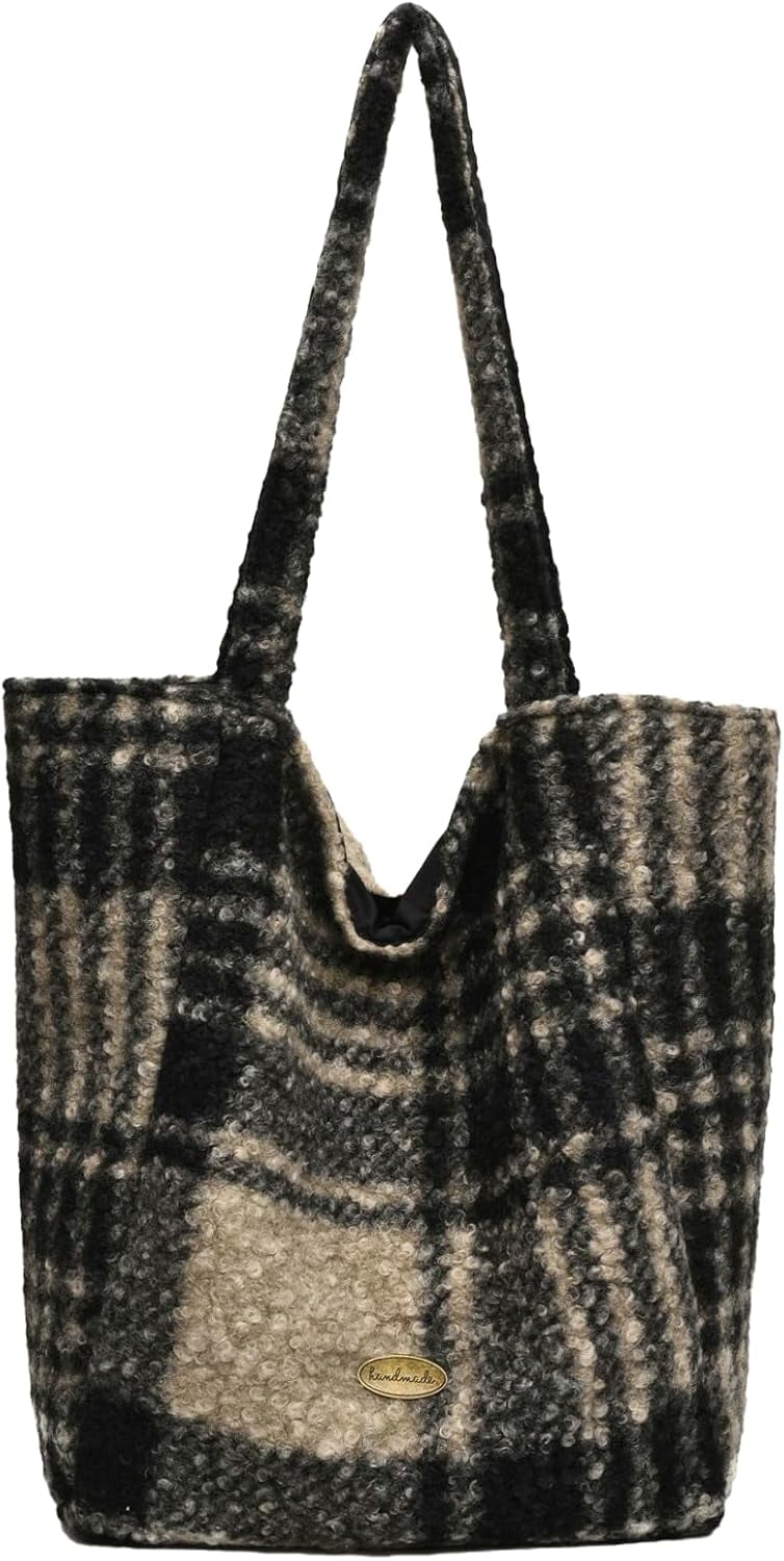 2025 Spring Reversible Wool Tote Bag Cozy Wool Blend Shoulder Bag Plush ...