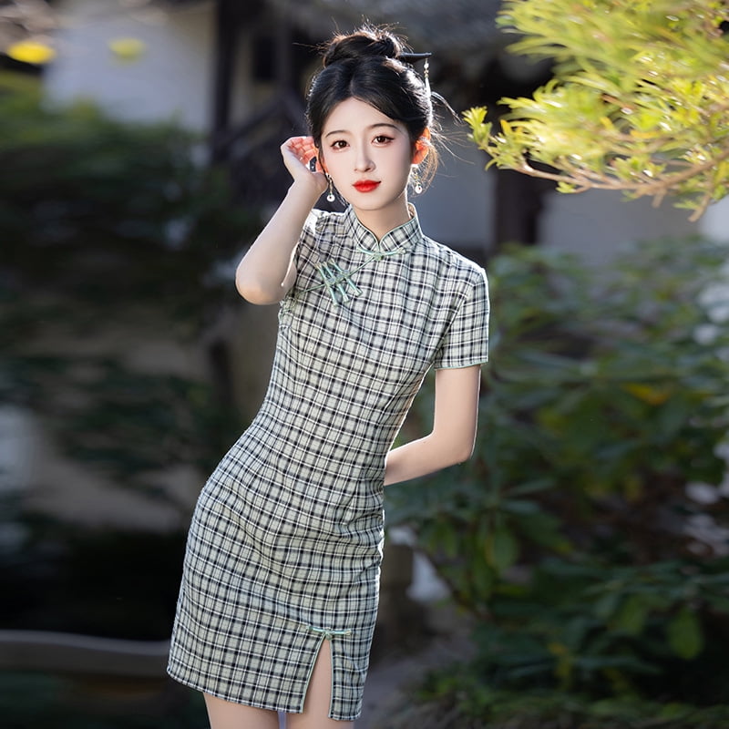2025 Spring and Summer Qipao Short Small Plaid Single Layer Fresh ...