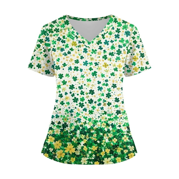 2025 St. Patrick's Day Scrub Tops for Women Shamrock Print for Women V ...