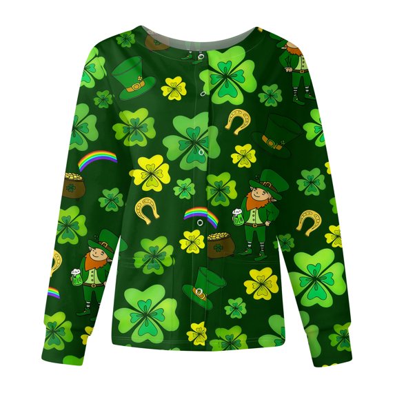 2025 St. Patrick's Day Women Scrubs_Tops V Neck Long Sleeve Shamrock ...