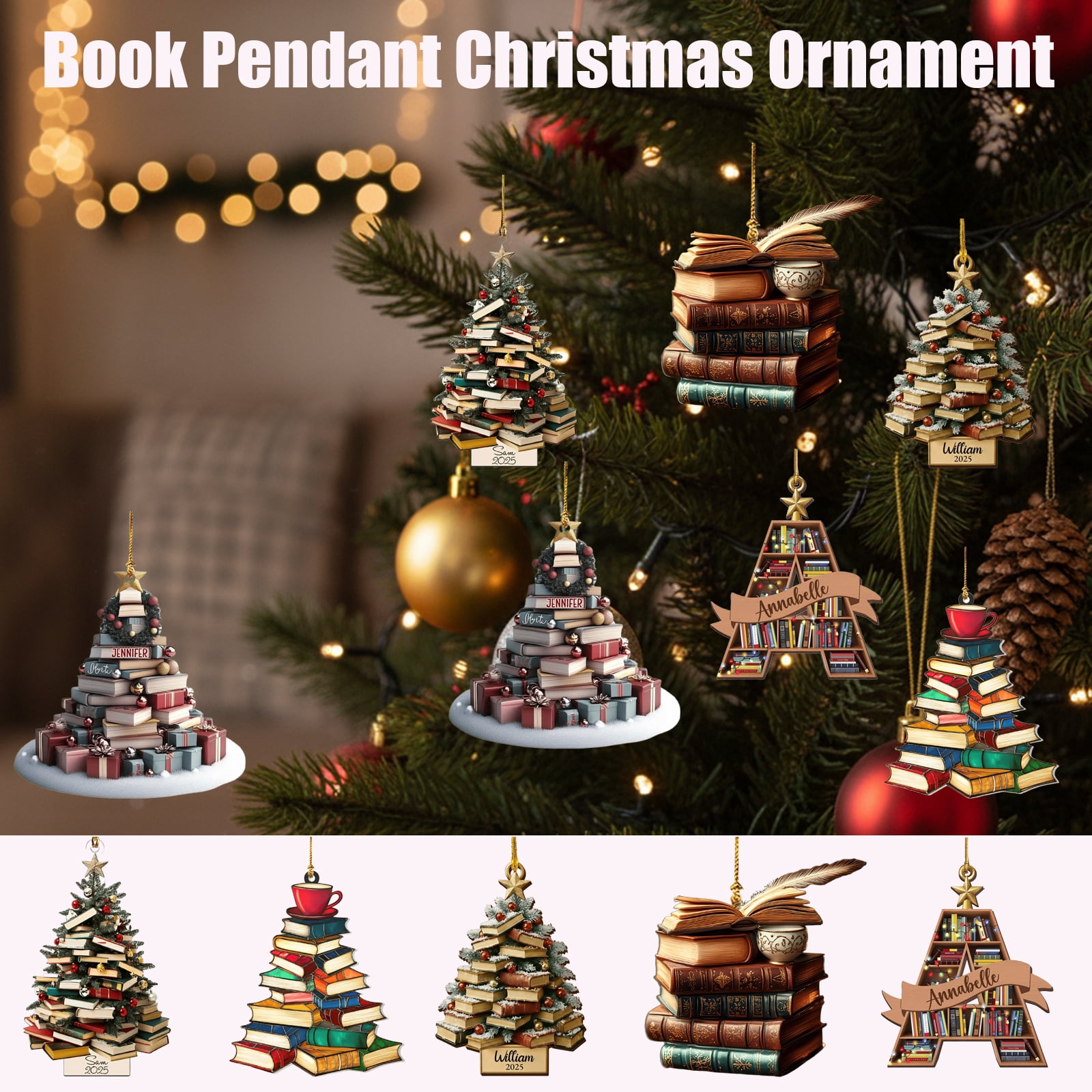 2025 Stack of Books Christmas Ornaments, Christmas Tree Shape Bookshelf ...
