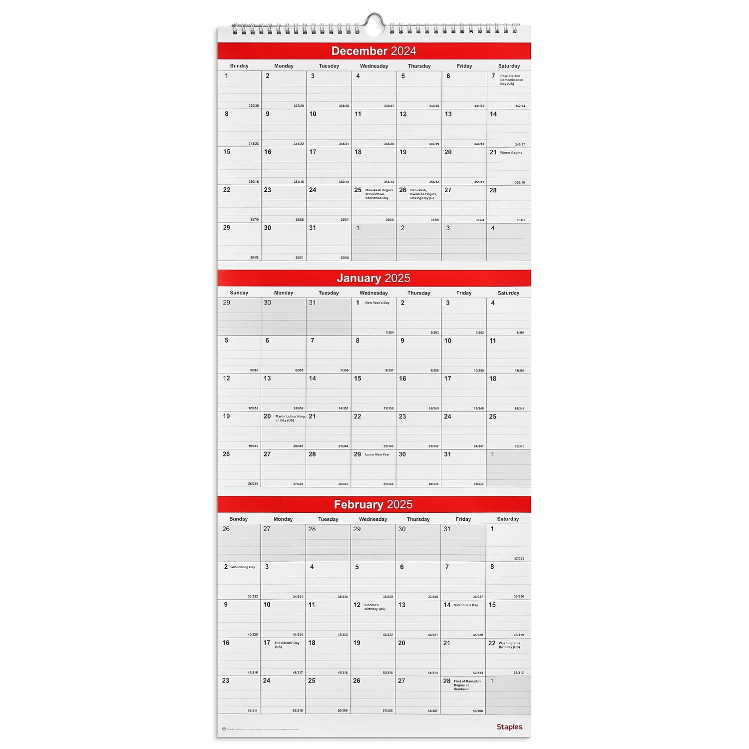 2025 Staples 12" x 27" Wall Calendar Red/White (ST53920-25) - Walmart.com
