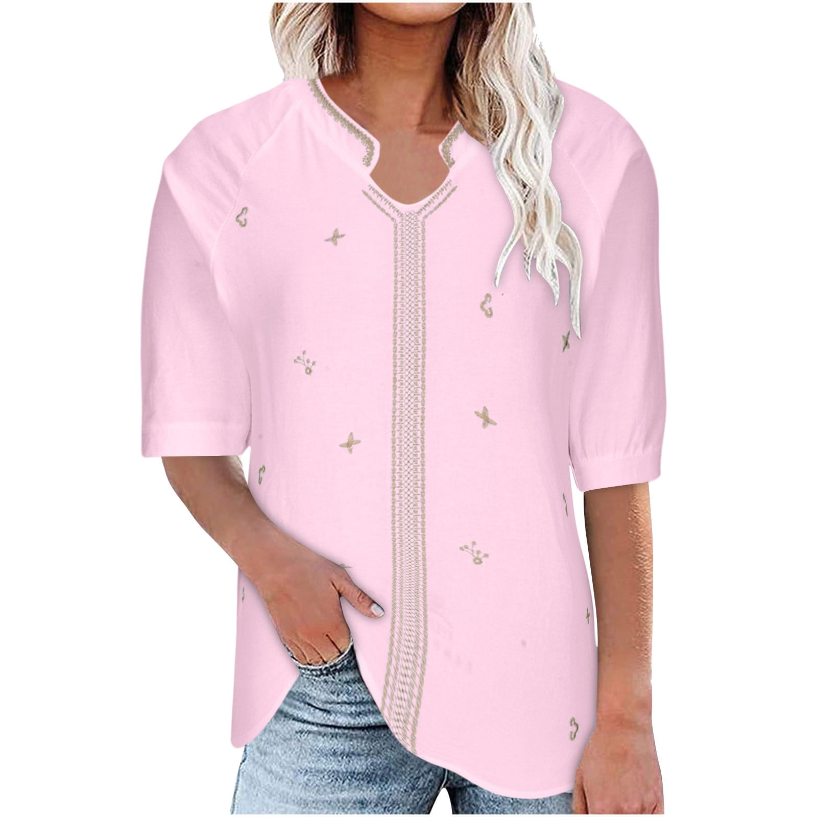 2025 Summer Cotton Linen Peasant Tops Elegant Embroidered Tees Women ...