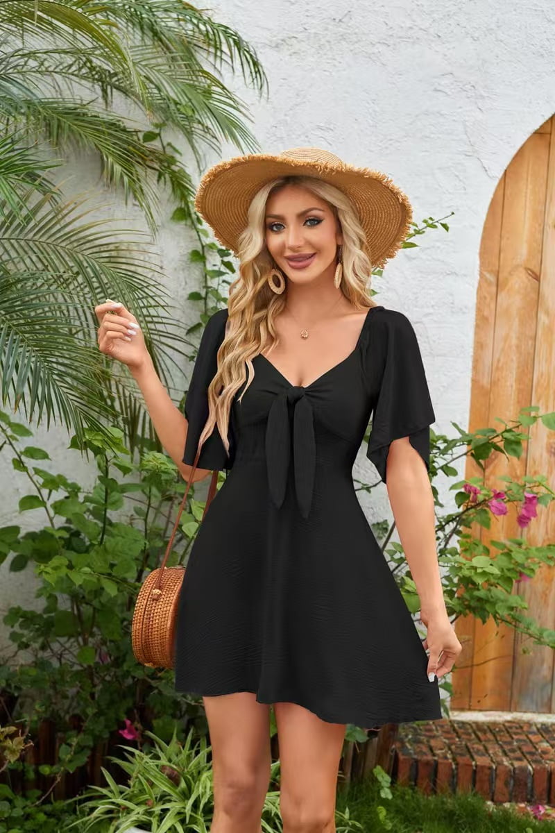 2025 Summer Dresses for Women Solid Color V-Neck Short Sleeve Bow Fold ...