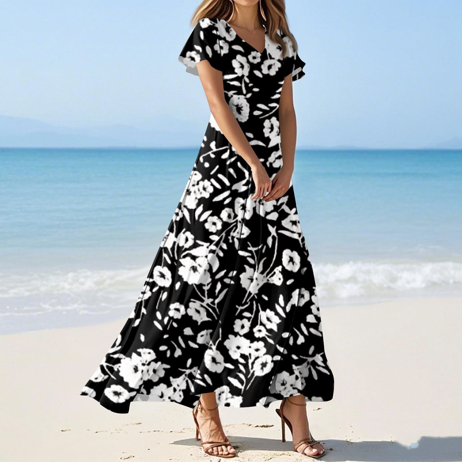 2025 Summer Floral Maxi Dresses Elegant Flutter Sleeve V Neck Long Flowy Garden Party Dress ...