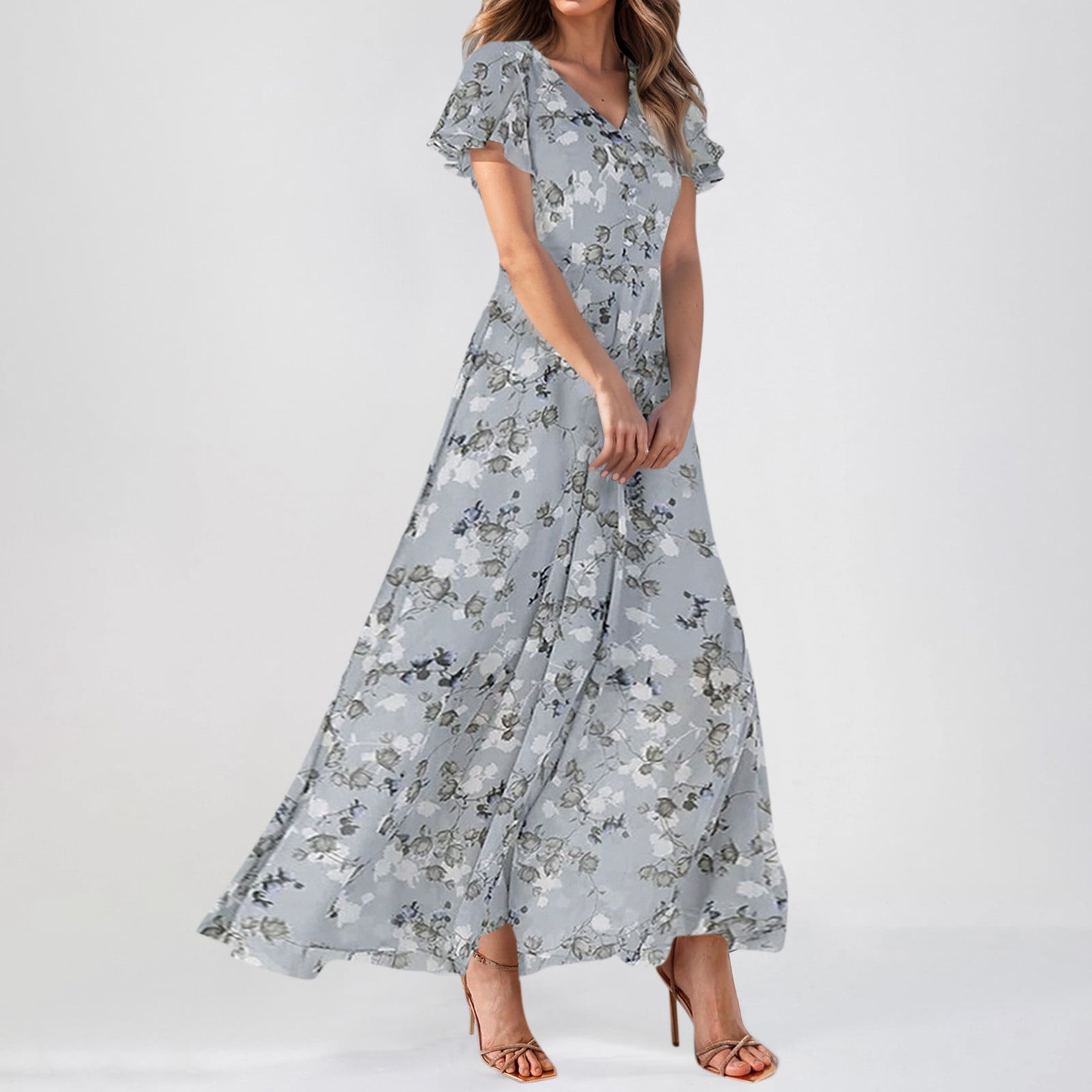 2025 Summer Floral Maxi Dresses Elegant Flutter Sleeve V Neck Long ...