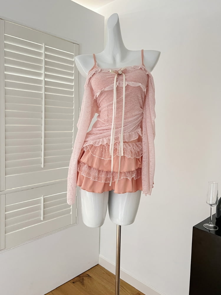 2025 Summer Korea Sexy Fashion Original Design 2 Piece Set Women Bow Lace Tops+Fluffy Slip Dress ...