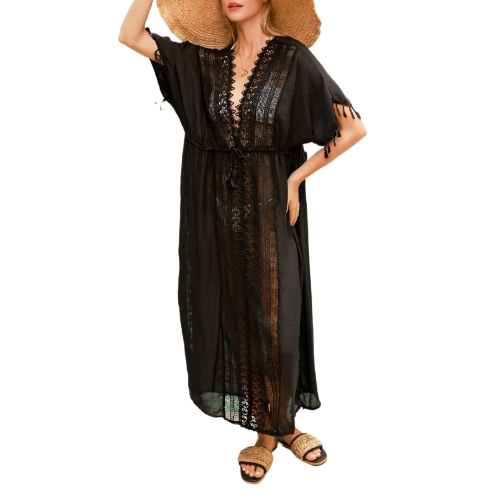 2025 Summer Slub Cotton Tassel Long dress Women's Bikini Blouse Beach ...