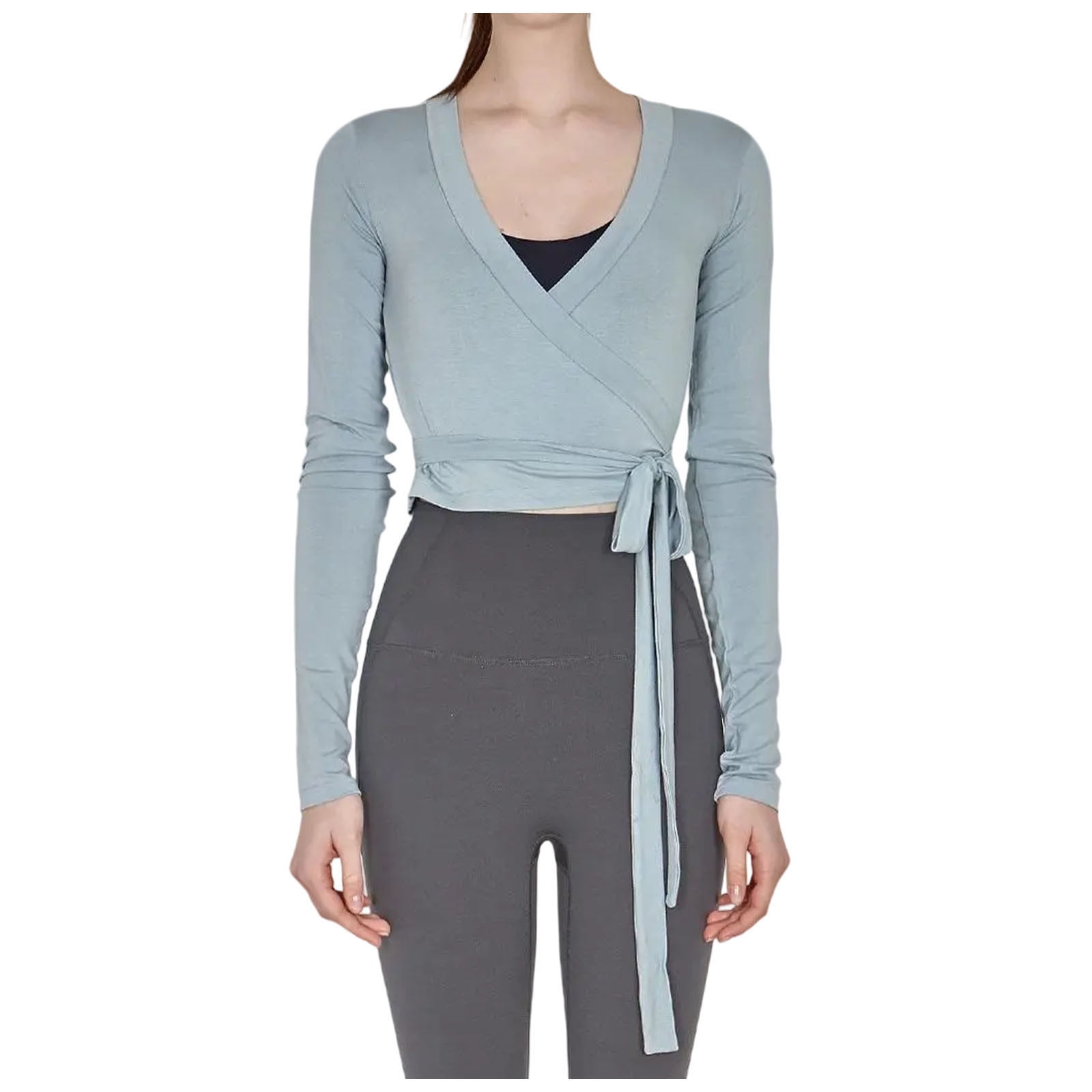 2025 Summer Women Cross Wrap Top Y2K Long Sleeve Deep V Neck Yoga Crop ...