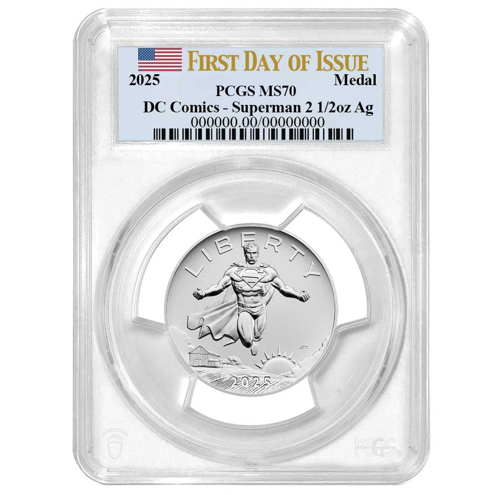 2025 Superman DC Comics 2.5 oz Silver Medal PCGS MS70 FDOI Flag Label ...