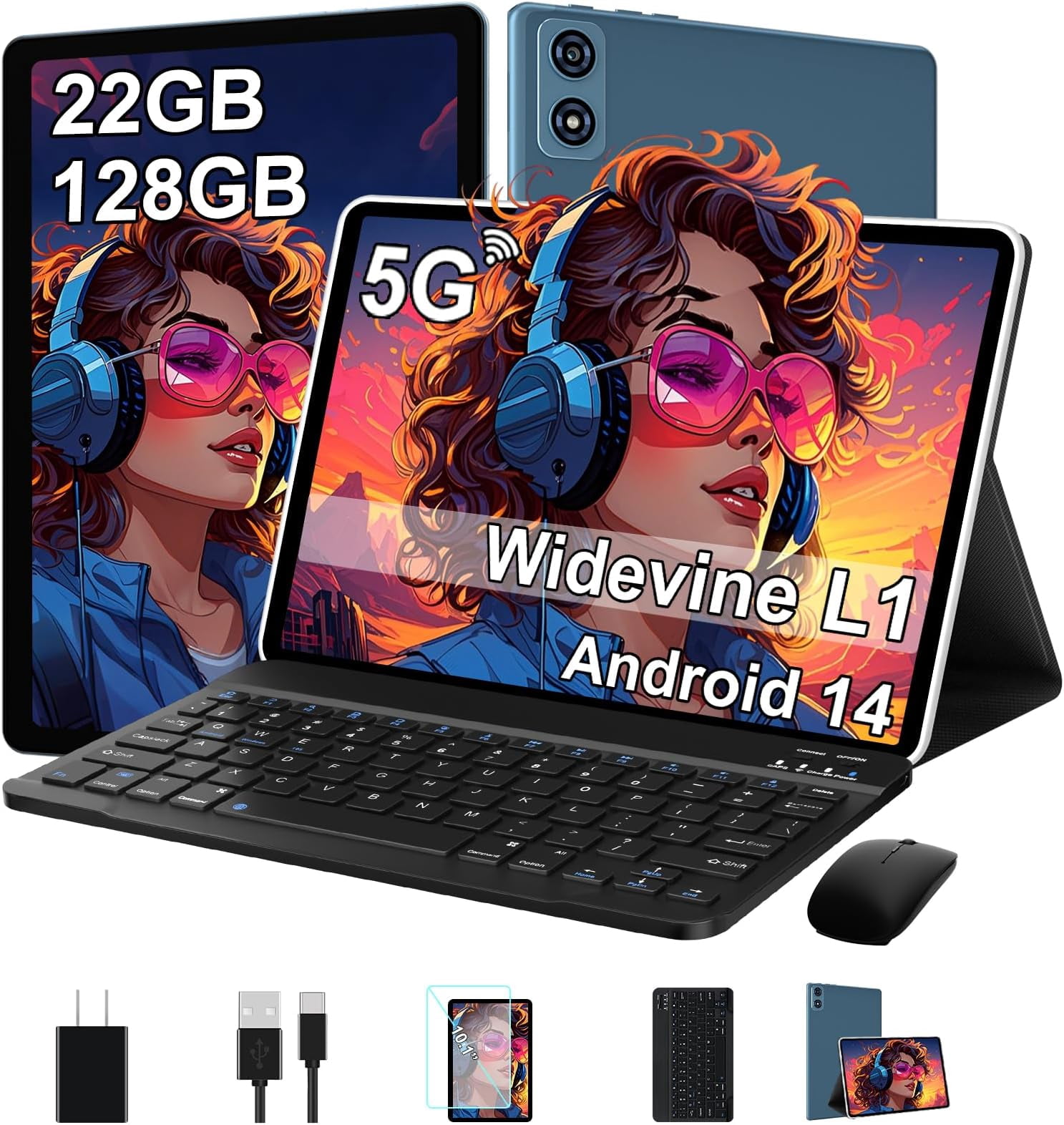 2025 Tablet 10 Inch 14 Tablets with Keyboard, 22GB 128GB ROM, Widevine ...