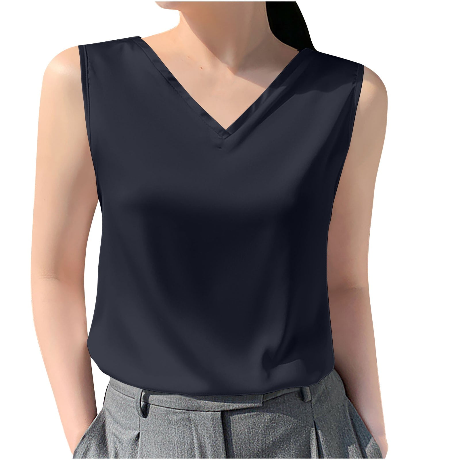 2025 Tank Tops for Women Summer Sleeveless Work Blouses Silk Satin V ...