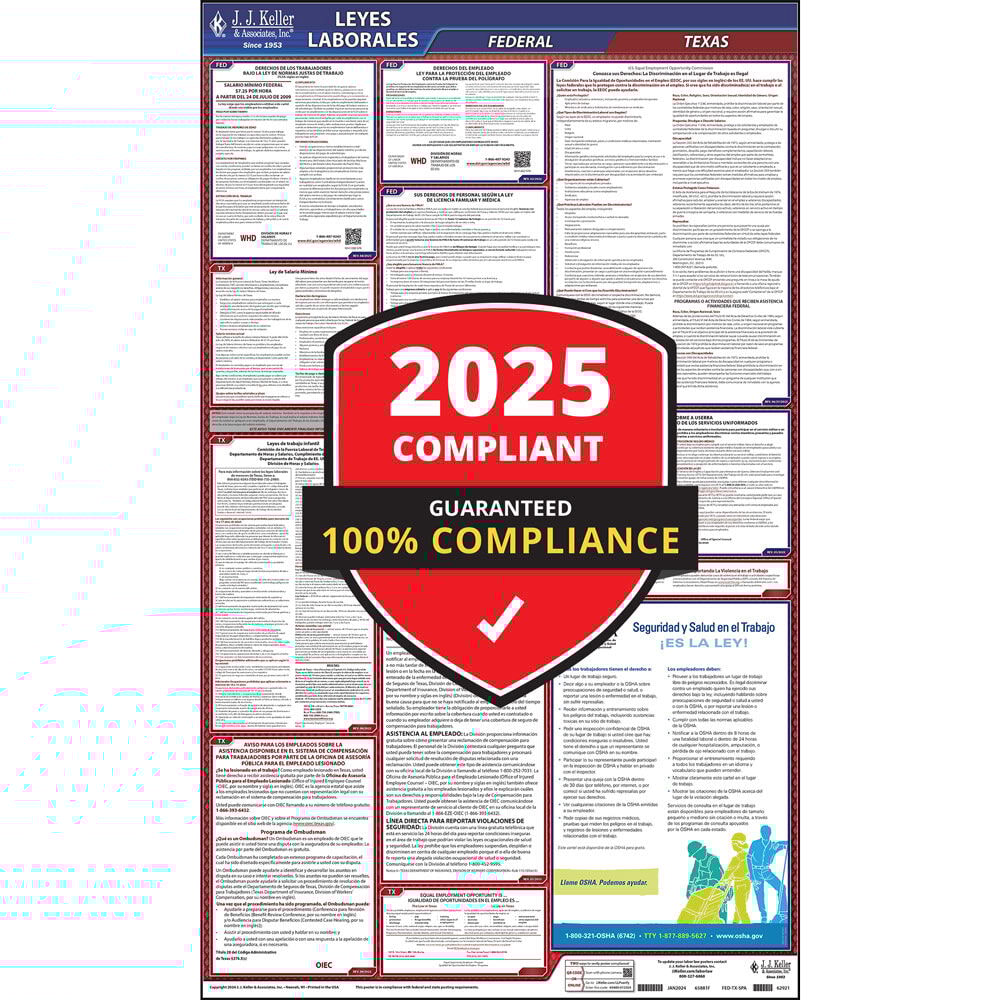 2025 Texas and Federal Labor Law Poster with Workers' Comp (Spanish, TX ...