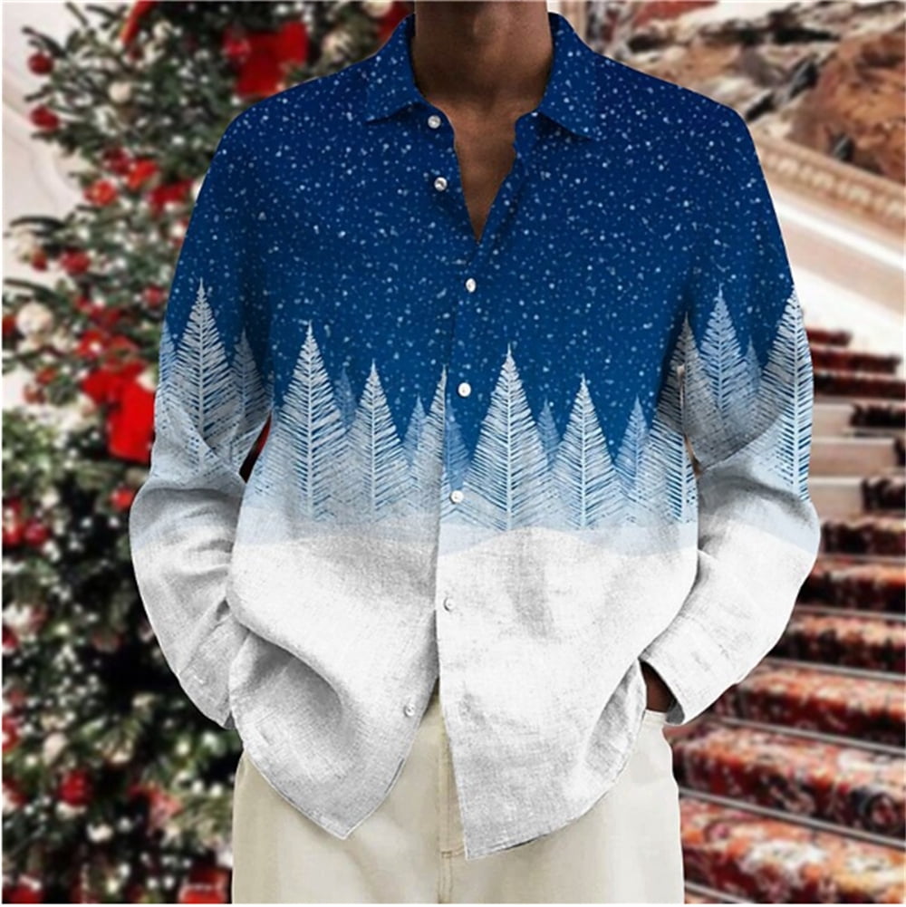 2025 Tree Snowflake Men's Shirt Flip Collar Button Long Sleeve Red ...