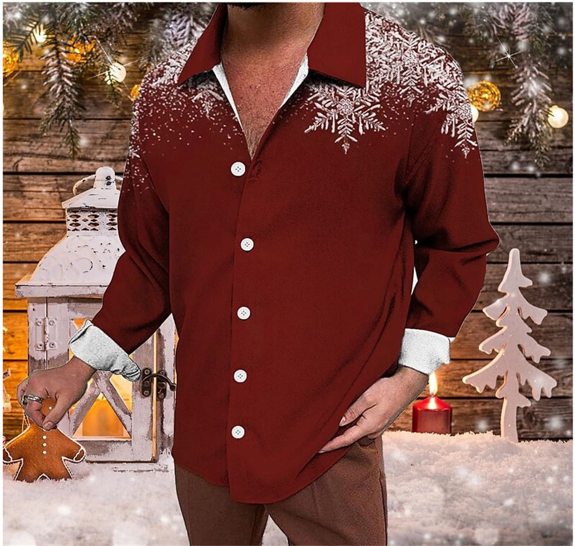 2025 Tree Snowflake Men's Shirt Flip Collar Button Long Sleeve Red ...