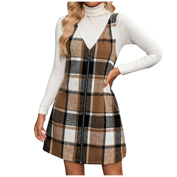2025 Trendy Dress for Women Plaid V Neck Sleeveless Zip Up Front Casual ...