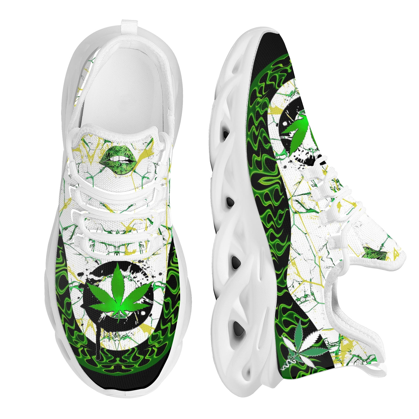 2025 Trendy Mesh Sneakers for Women 3D Green Weed Leaves Lip Print ...