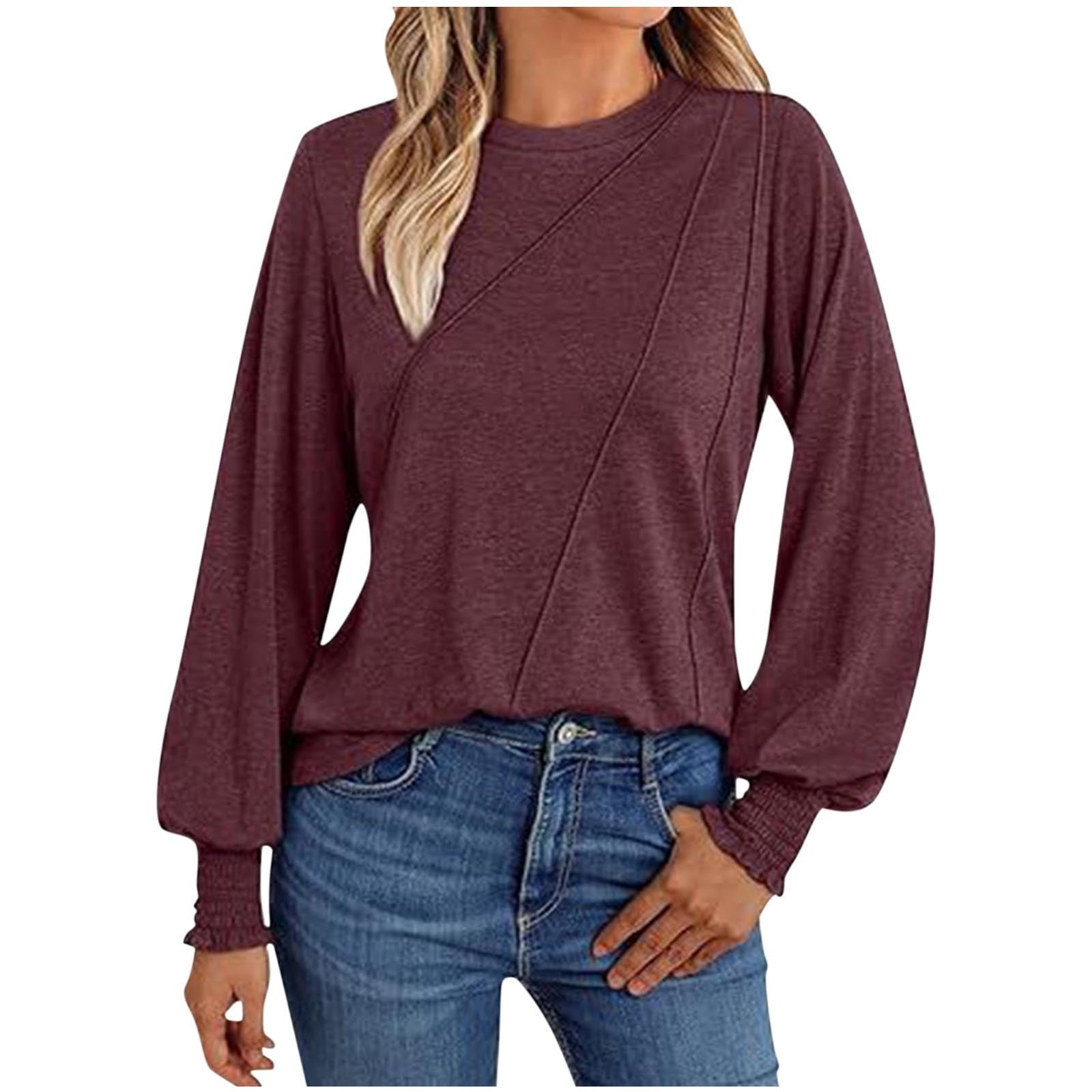 2025 Trendy Tops Womens Long Sleeve Crew Neck Pleated Blouse Casual ...