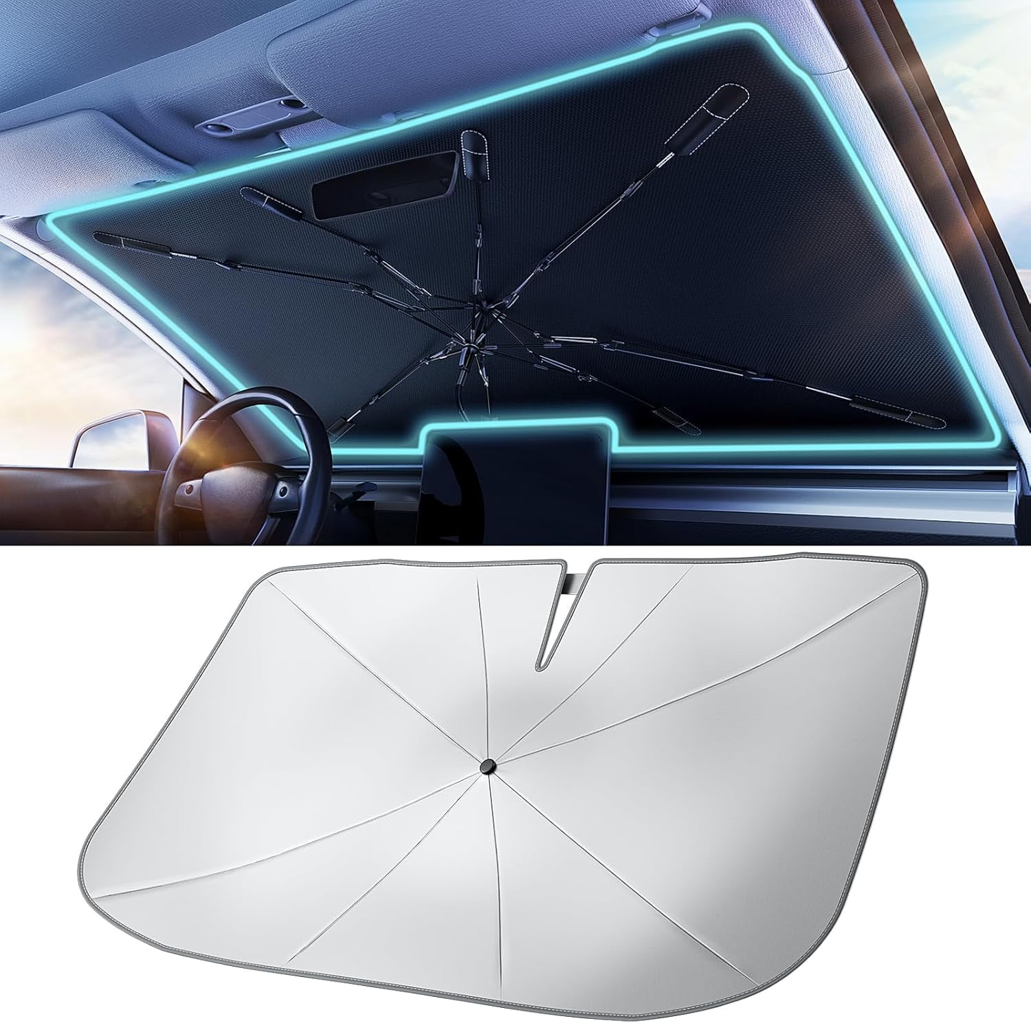 [2025 Upgrade] Car Windshield Sun Shade Umbrella - [Silver Heat Shield ...