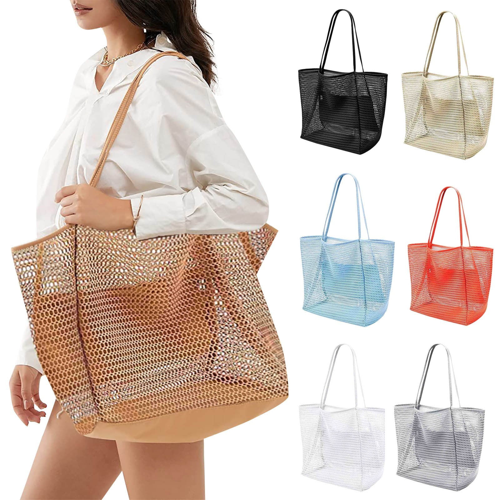 2025 Upgrade Mesh Beach Bag Beach Bags for Women Woven Straw Beach Tote ...