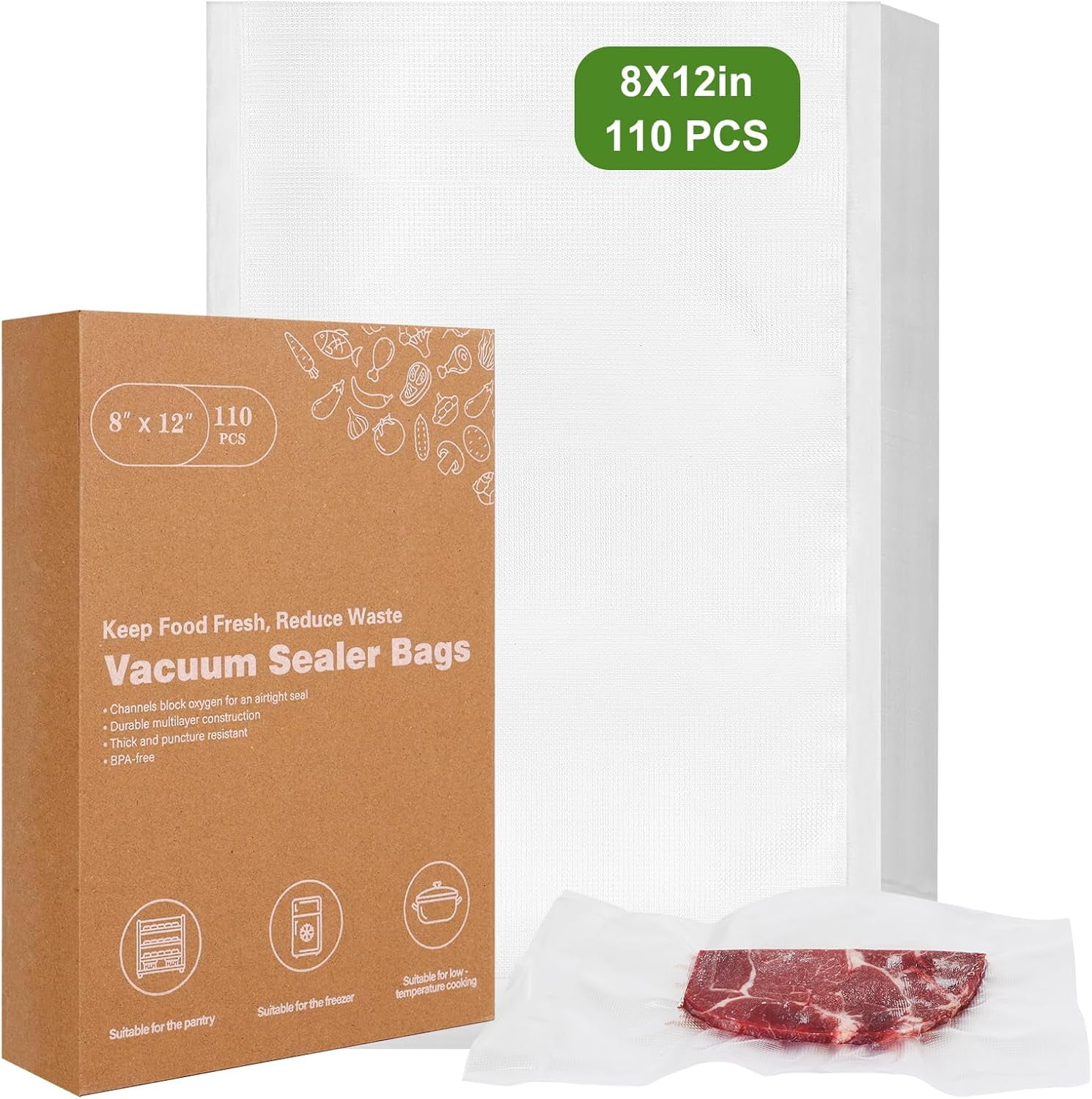 [2025 Upgraded] 110pcs Vacuum Sealer Bags, Food Saver Bags Quart 8" x ...