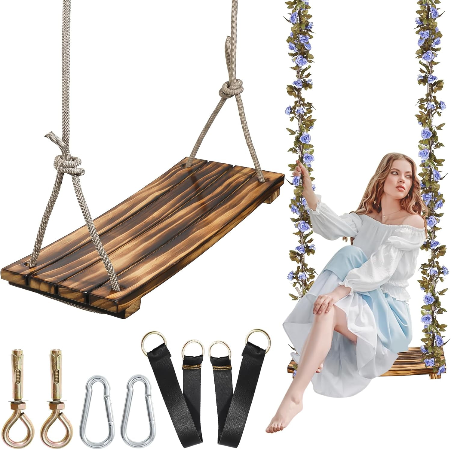 2025 Upgraded Large Wooden Swing Seat, 24"x 9.8", Hanging Tree Swing ...