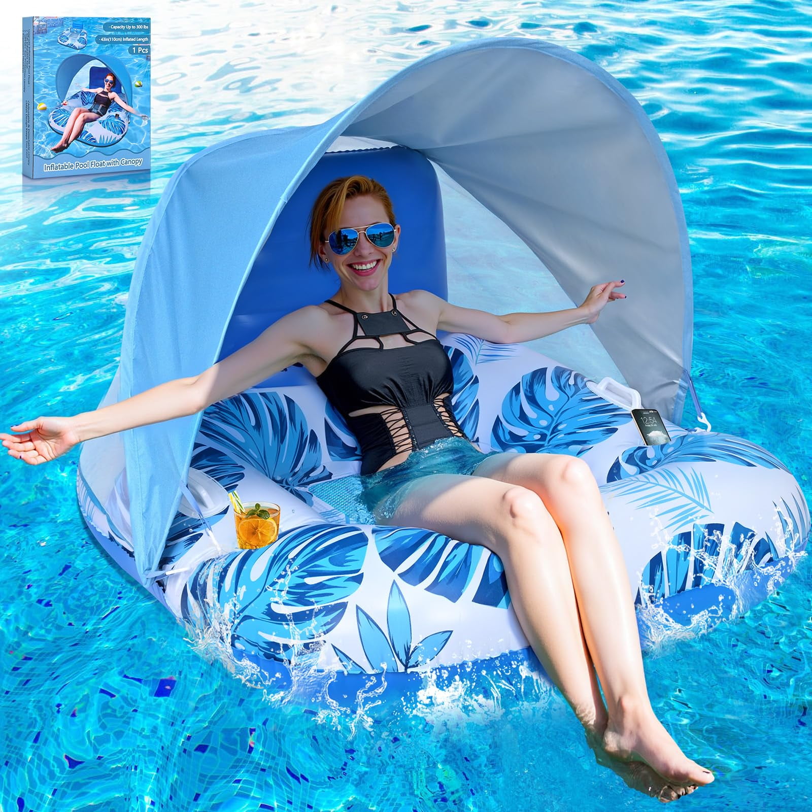 2025 Upgraded Pool Float with Canopy, 2 Cup Holders - XL Inflatable Pool Floats with Adjustable ...
