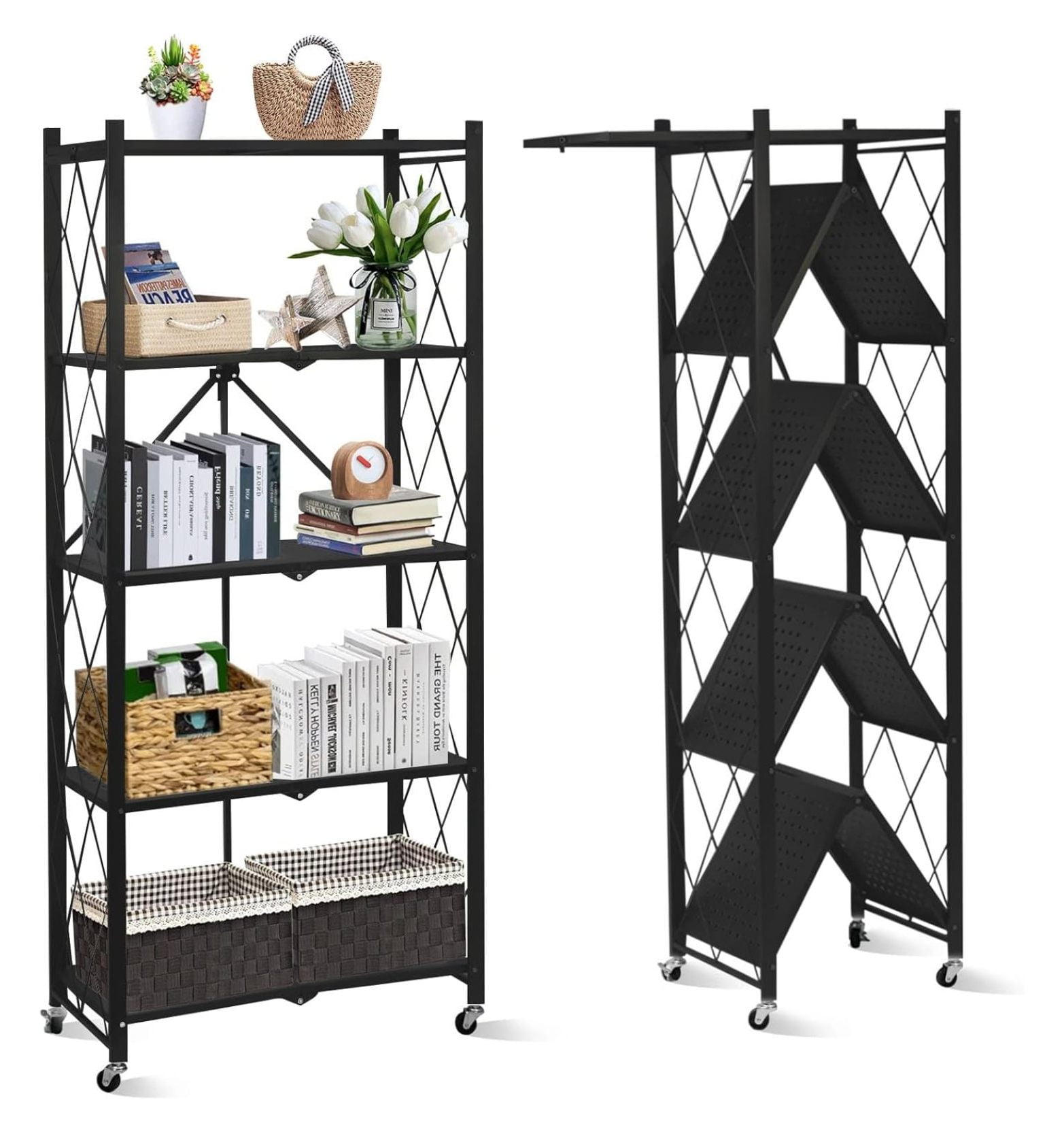 2025 Upgraded Portable 5-Tier Foldable Storage Shelves with Wheels ...