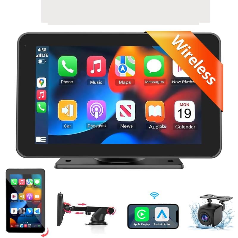 2025 Upgraded Wireless Carplay Stereo with Suction Mount, Rear Camera ...