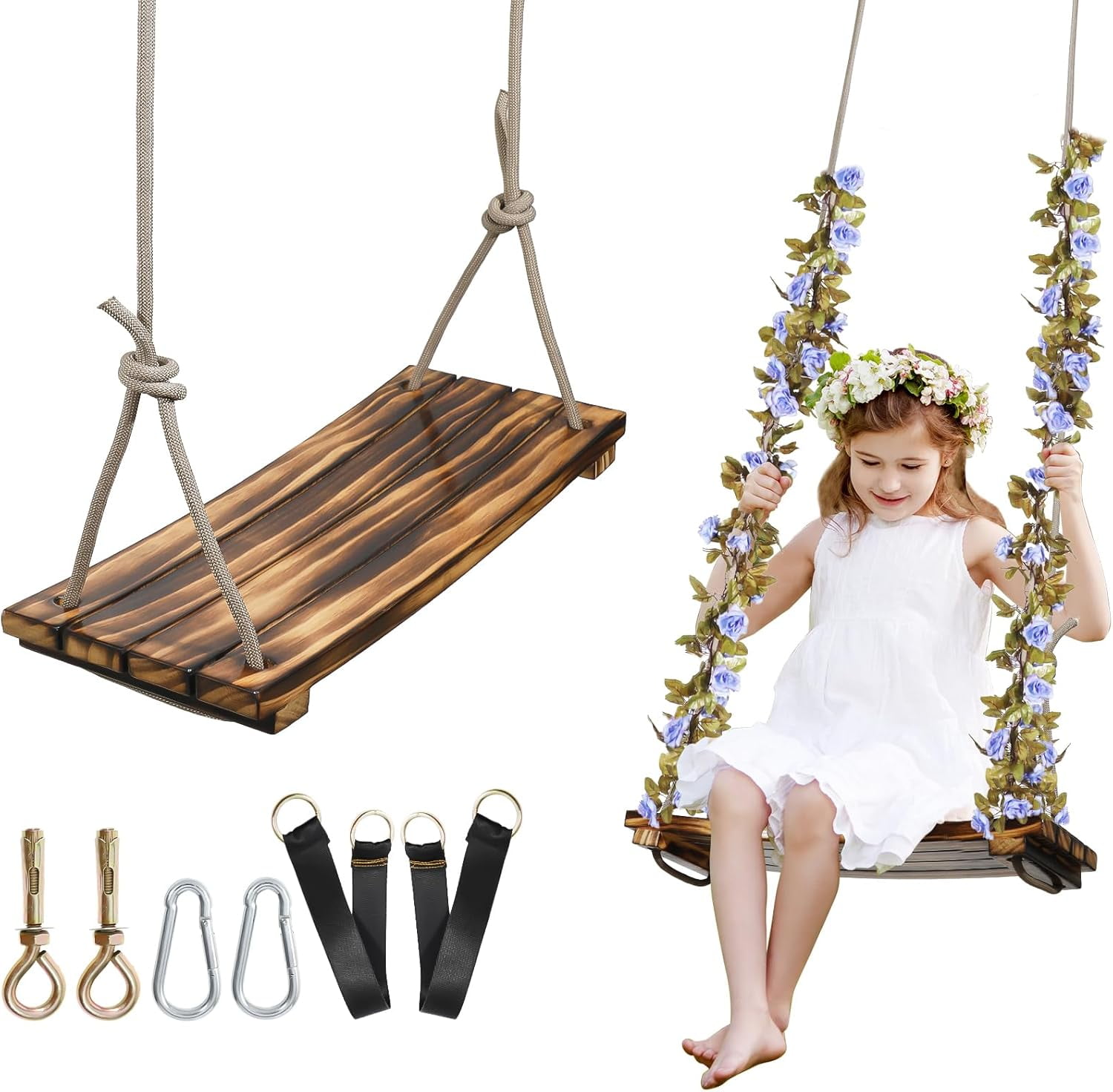 2025 Upgraded Wooden Swing Seat, 18"x 8", Hanging Tree Swing for Adults & Kids, 440lbs Load ...