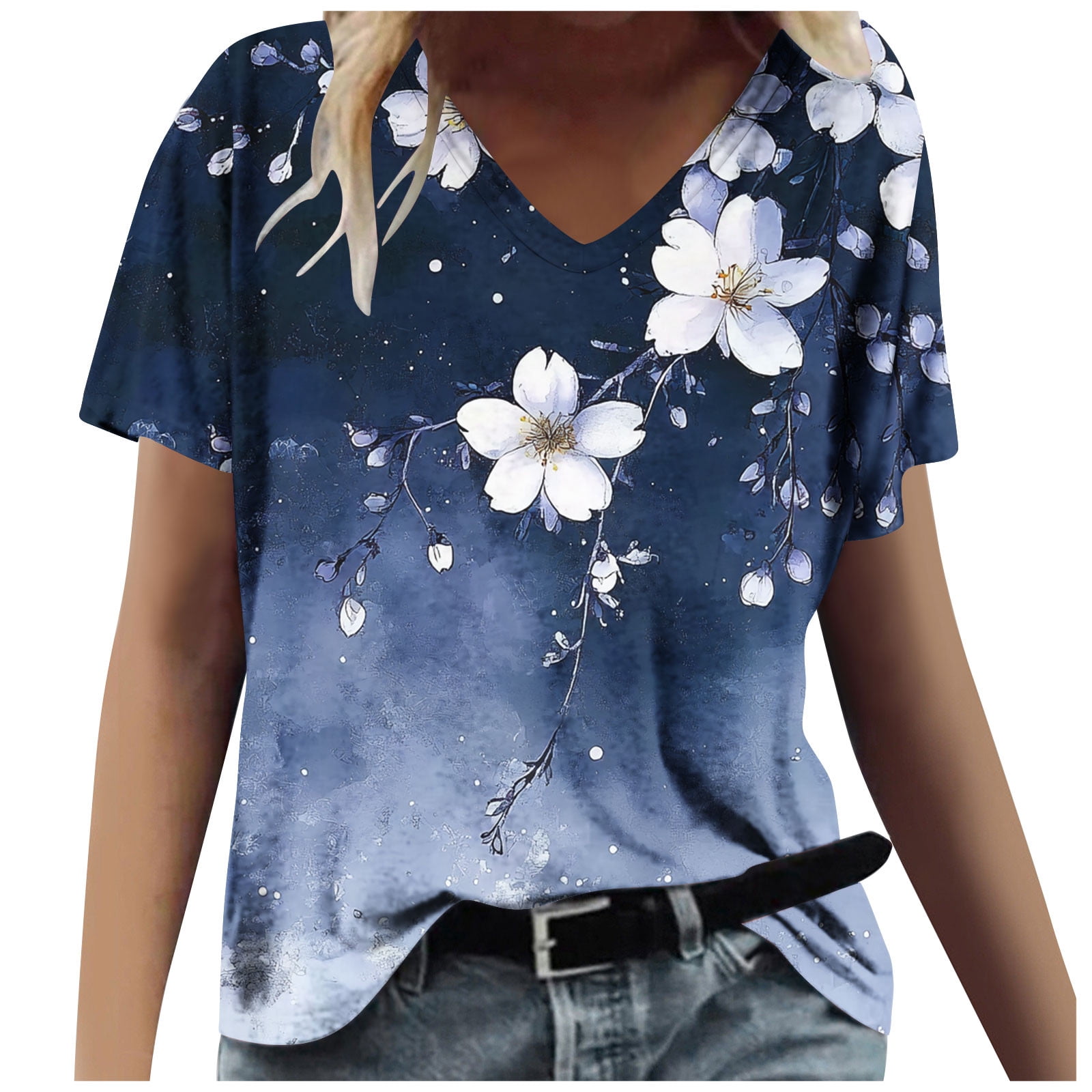 2025 V-neck Floral Pattern Shirts for Women Short Sleeve Casual T-shirt ...