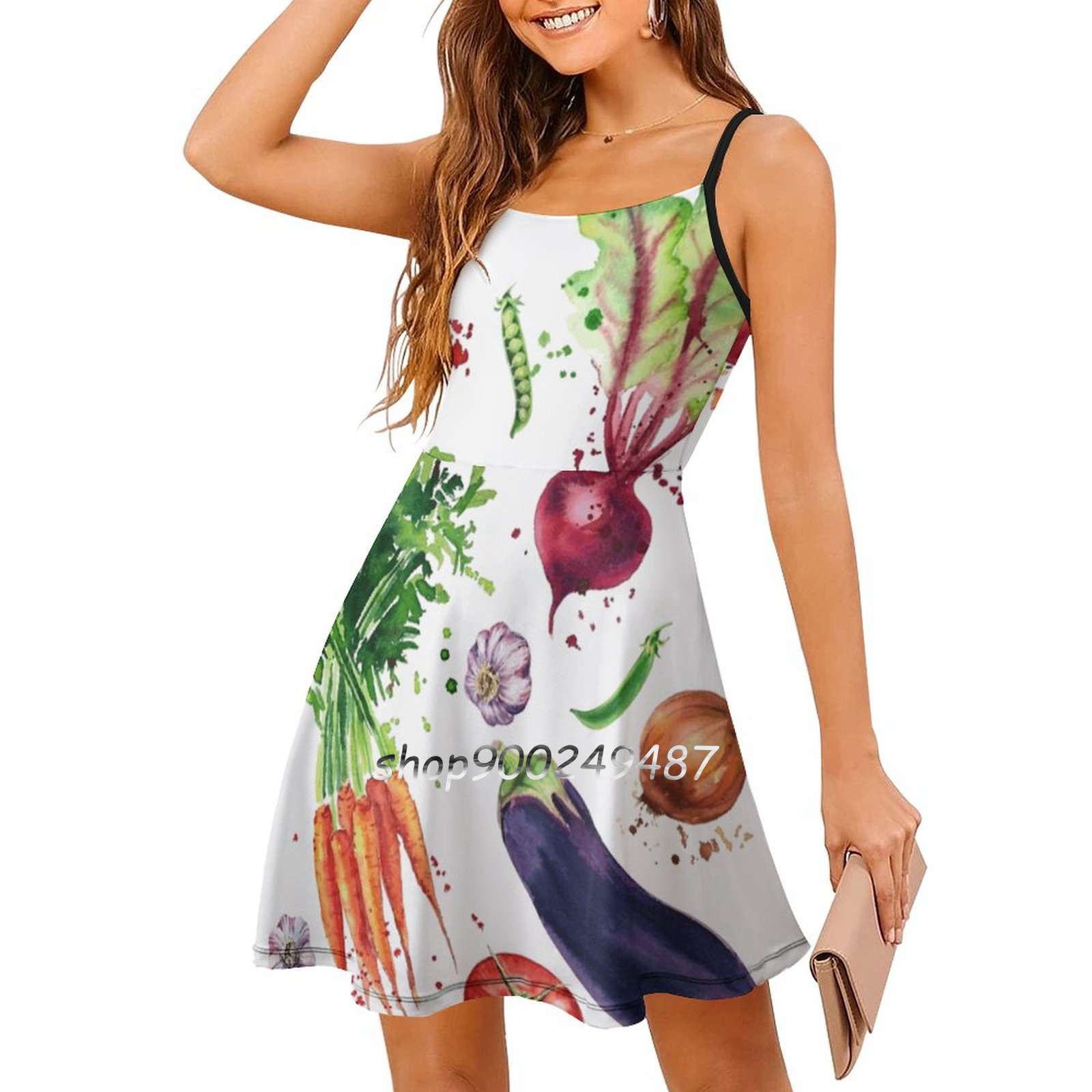 2025 Vegetable Set Watercolor Illustration Sweetheart Knot Flared Dress ...