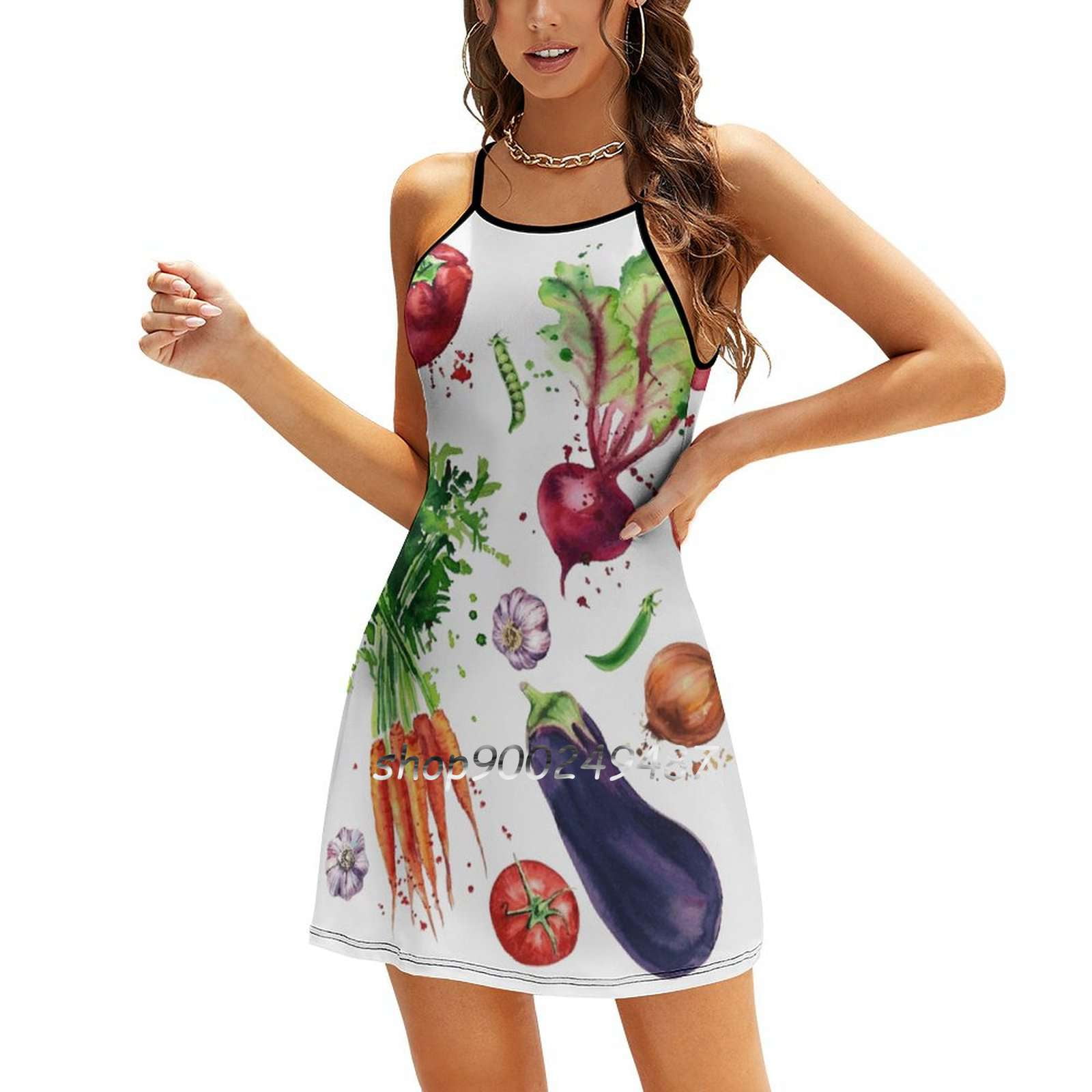 2025 Vegetable Set Watercolor Illustration Sweetheart Knot Flared Dress ...