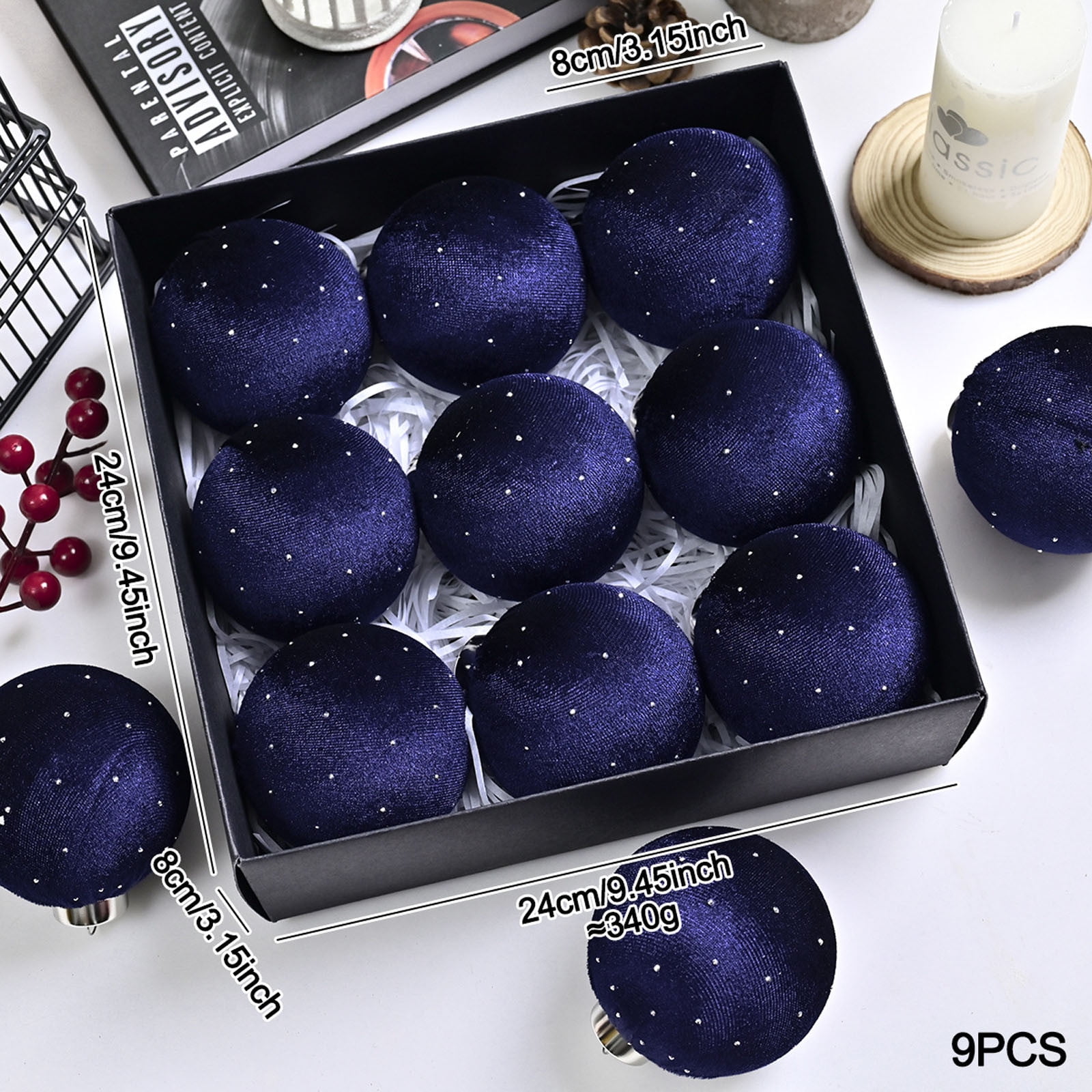 2025 Velvet Glitter Christmas Ball Ornaments,9-Piece 8cm Multi-Style ...