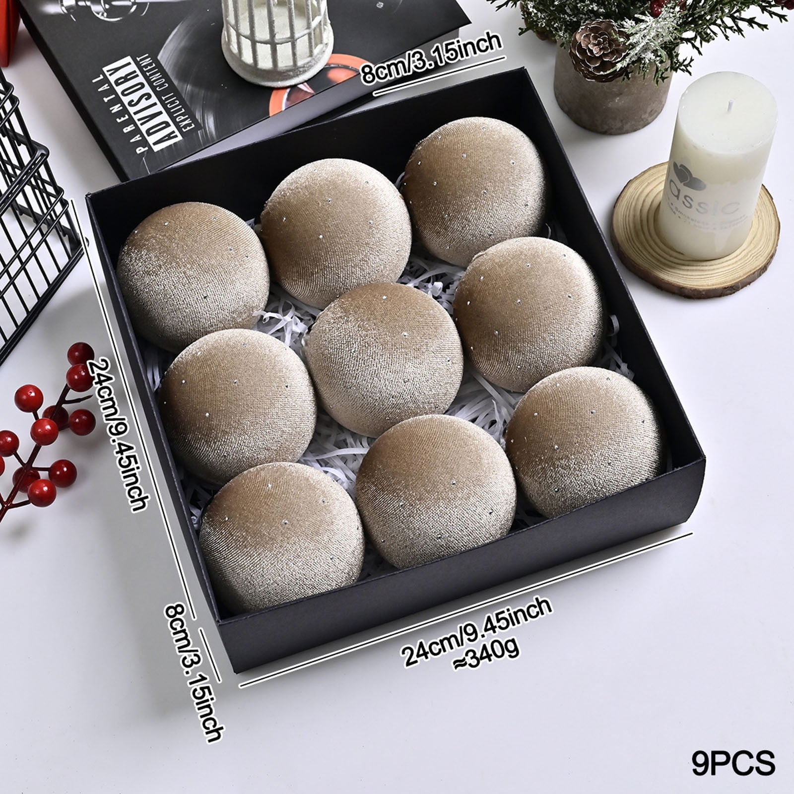 2025 Velvet Glitter Christmas Ball Ornaments,9-Piece 8cm Multi-Style ...