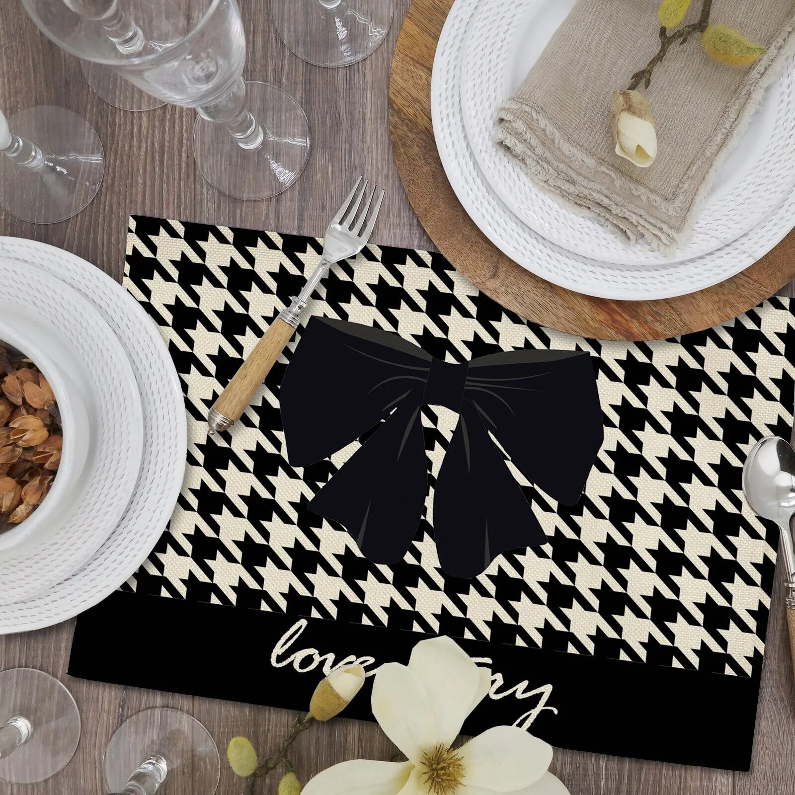 2025 Vintage Flower Placemat Black White Plaid Coffee Cup Table Mats ...