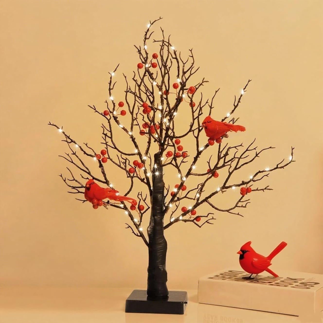 2025 Vintage Glowing Tree with Cardinal & Berries,21" Little Red Bird ...