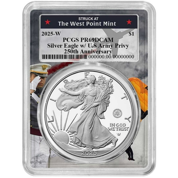 2025-W Proof $1 American Silver Eagle Army Privy PCGS PR69DCAM West Point Frame 250th ...