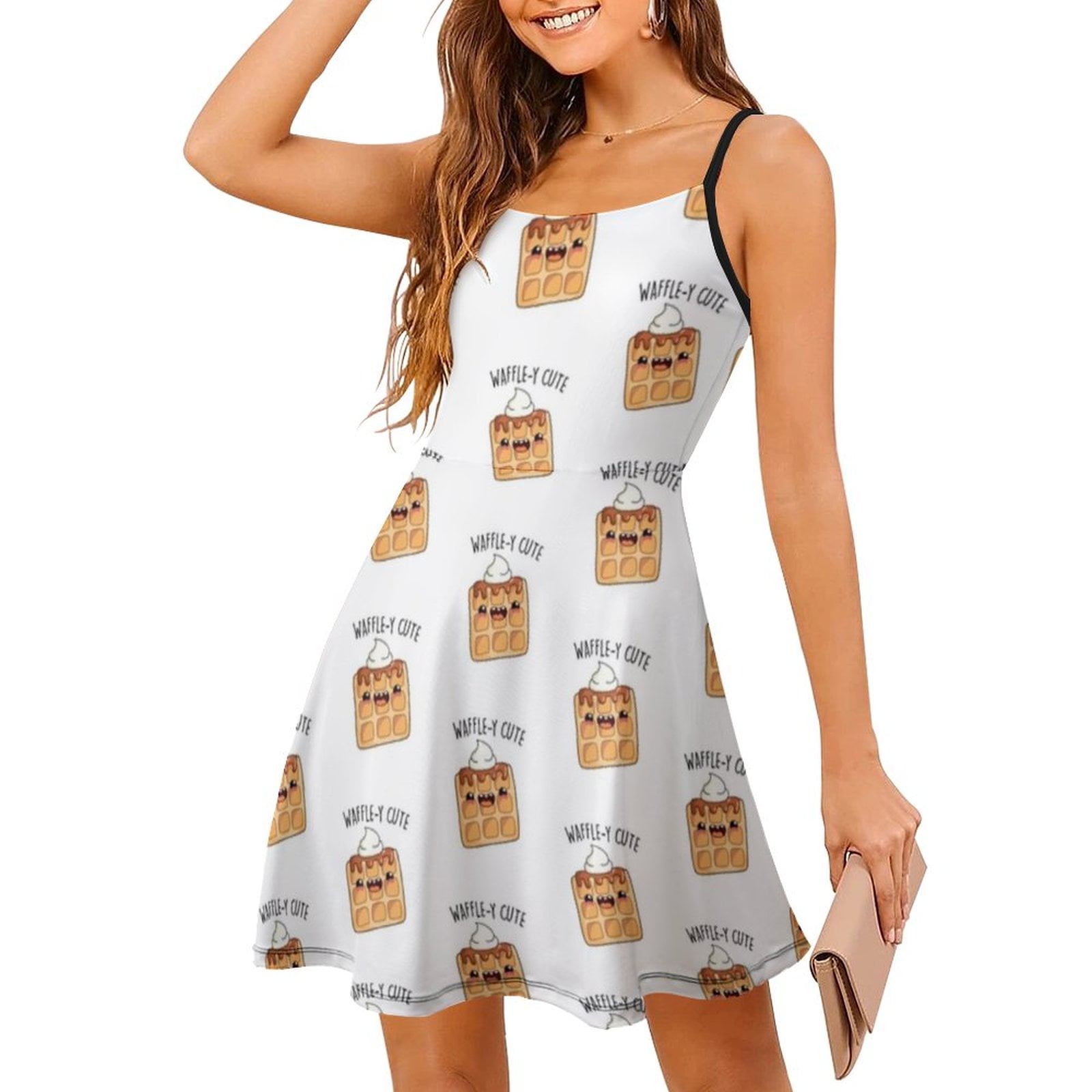 2025 Waffle Cute Food Pun Square Neck Dress Sweet Summer Dress Women ...