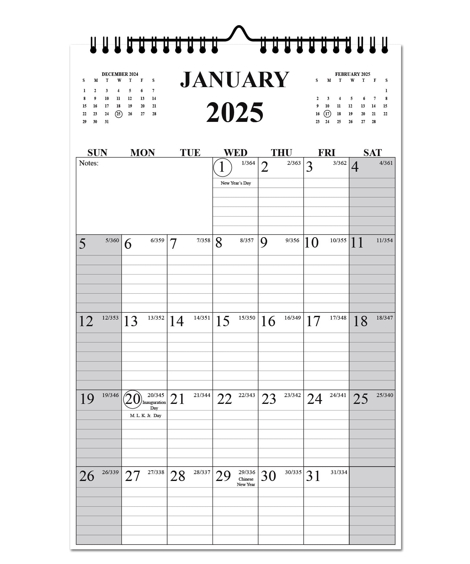 2025 Wall Calendar, 11" x 17", Spiral Binding, Large Blocks, Holidays ...