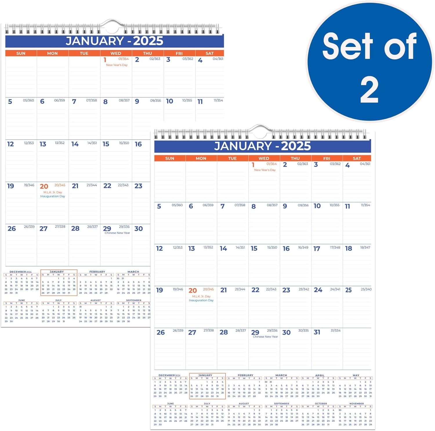 2025 Wall Calendar, 2 Pack - A4, Spiral Binding, Large Blocks, Holidays ...