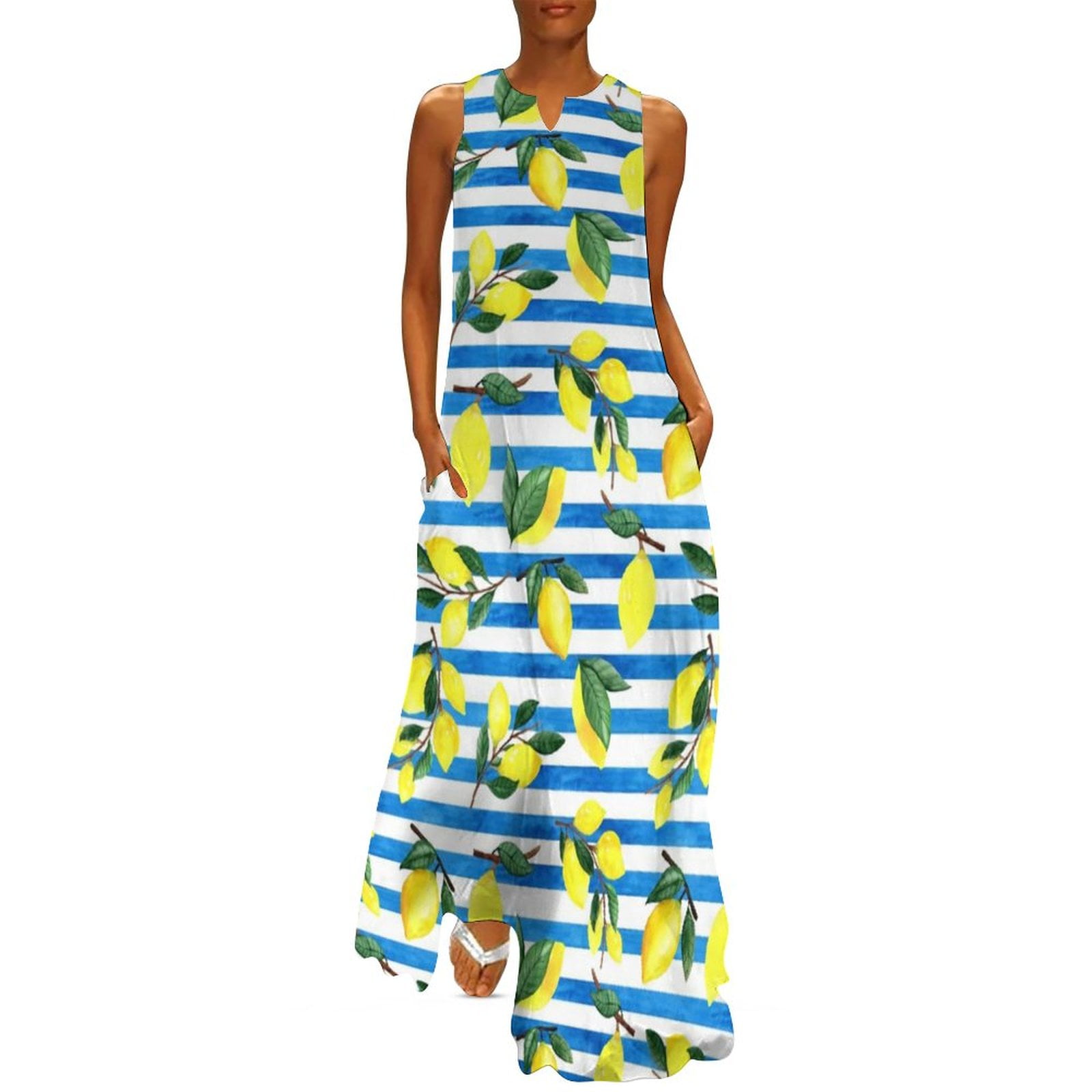 2025 Watercolor Fruit Dress Lemons On Striped Print Party Maxi Dress ...