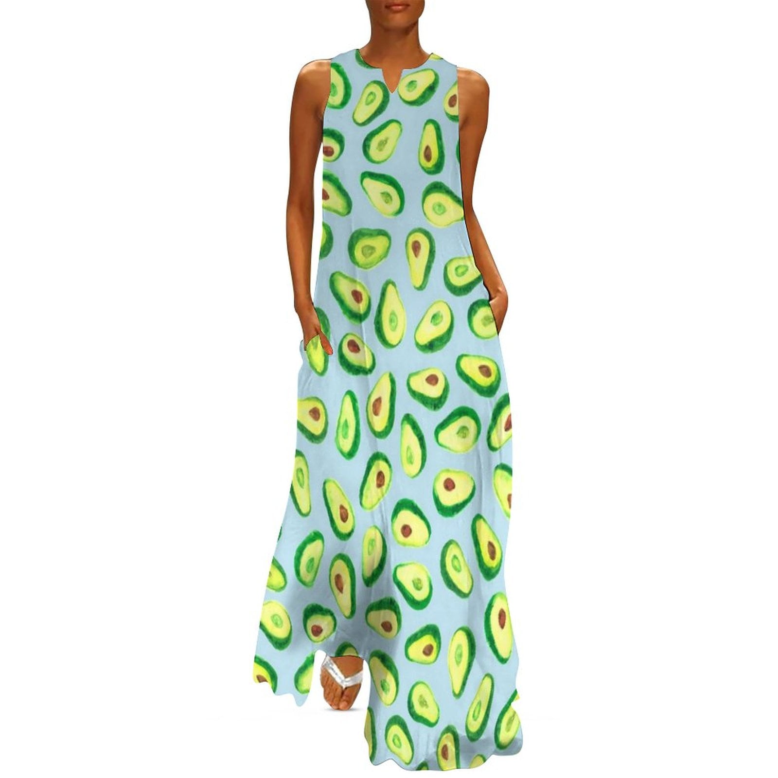 2025 Watercolor Fruit Dress Lemons On Striped Print Party Maxi Dress ...