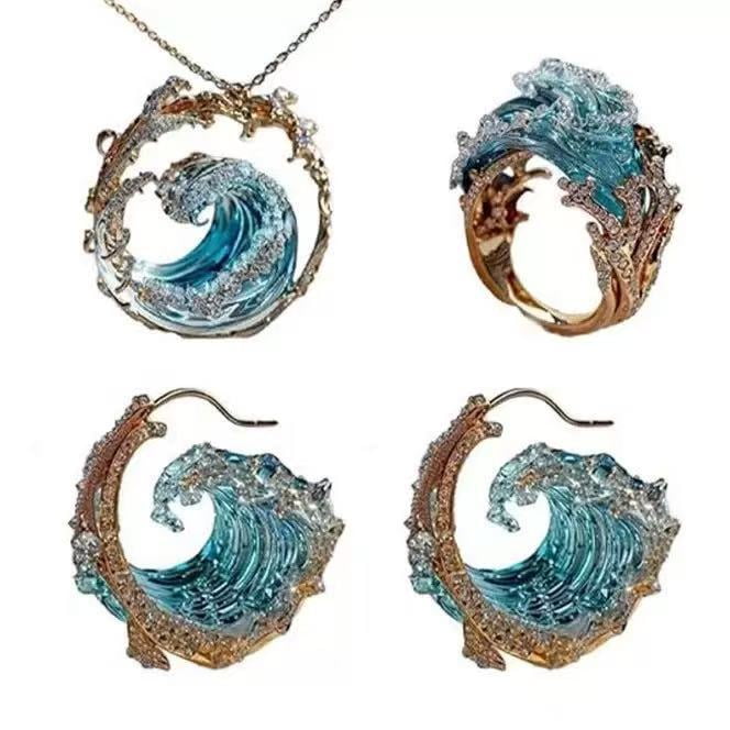 2025 Wave Necklace Set Creative New Light Luxury Ocean Wave Design Ring ...