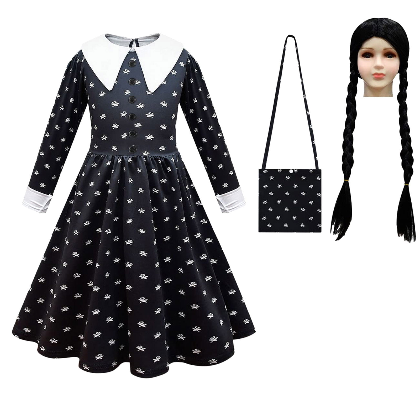 2025 Wednesday Addams Costume Girls - Halloween Dress Up with Bag & Wig ...