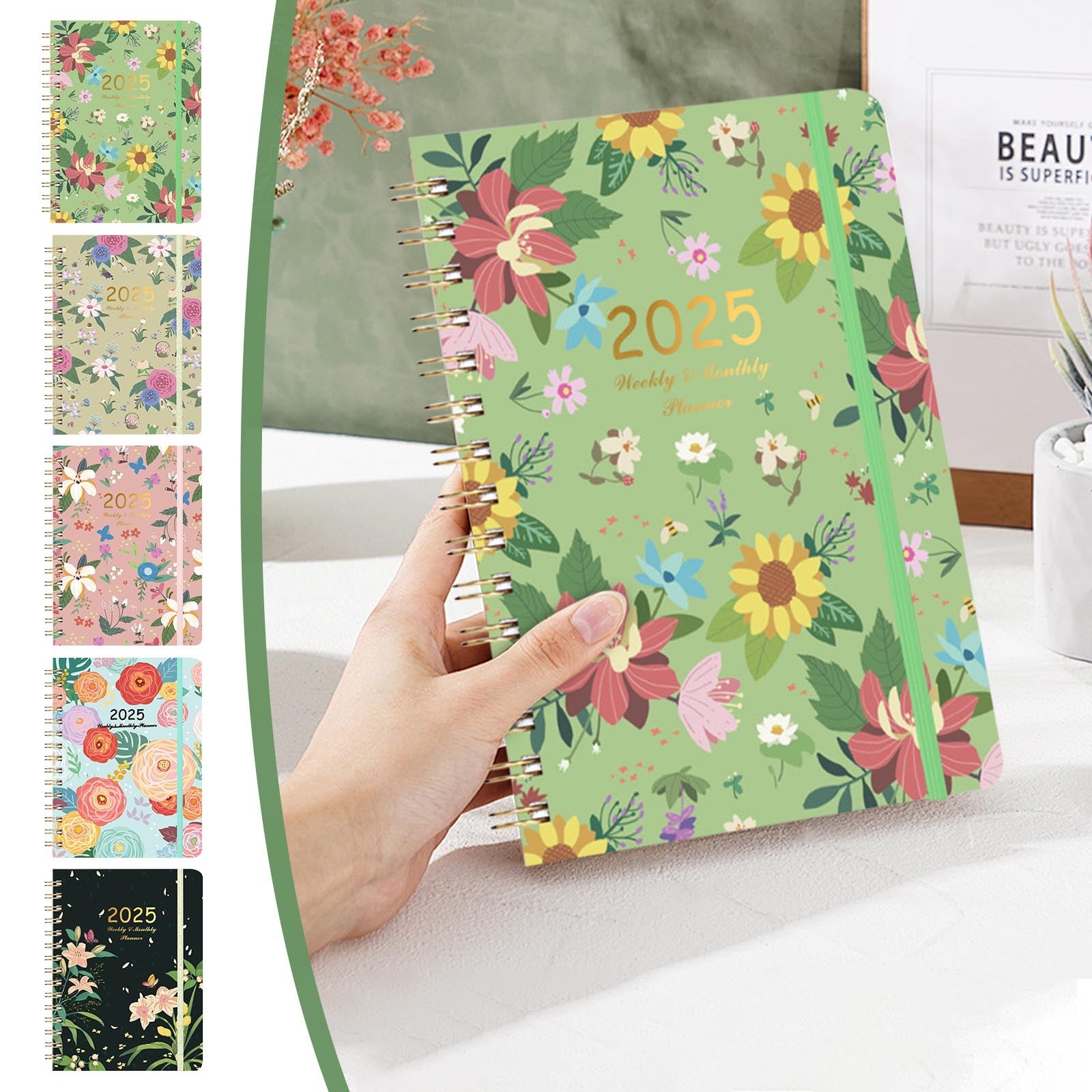 2025 Weekly Planner A5 Size Floral Design Calendar Notebook with Coil Binding, 70 Pages ...