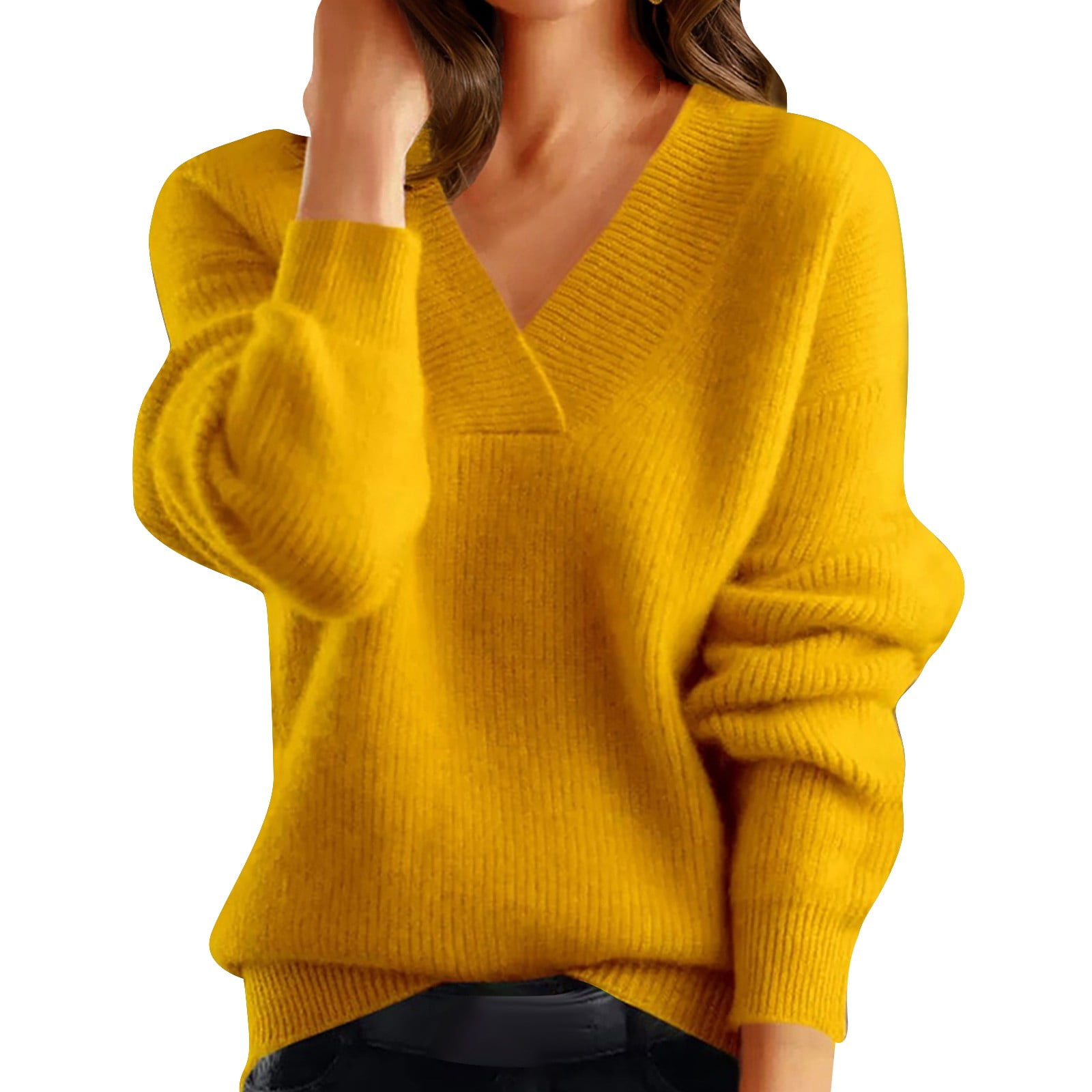 2025 Winter Sweater Yellow Sweater Long Sleeves V-Neck Fall Sweater ...