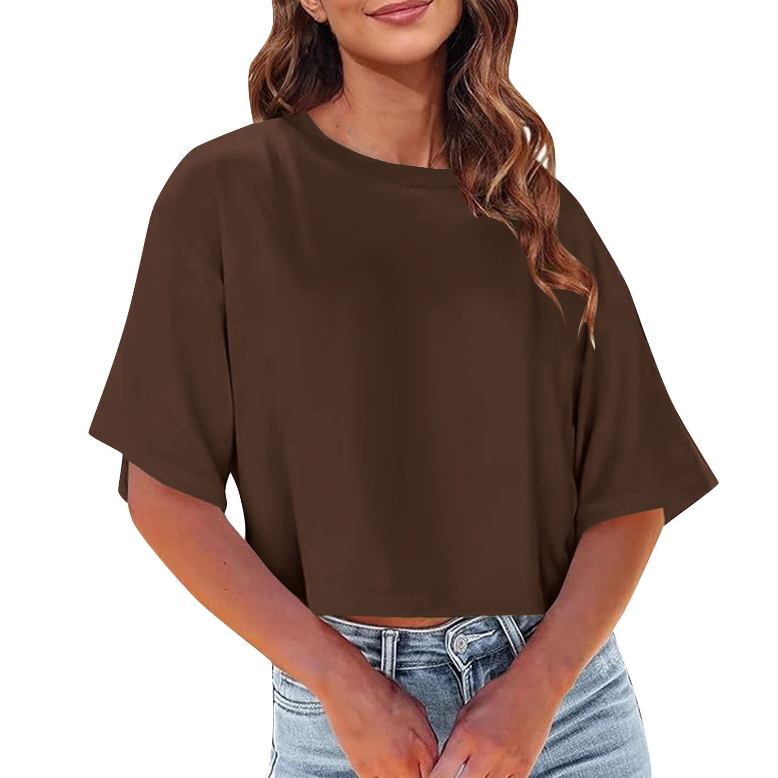 2025 Women Half Sleeve Cropped T-Shirts Drop Shoulder Round Neck Crop ...