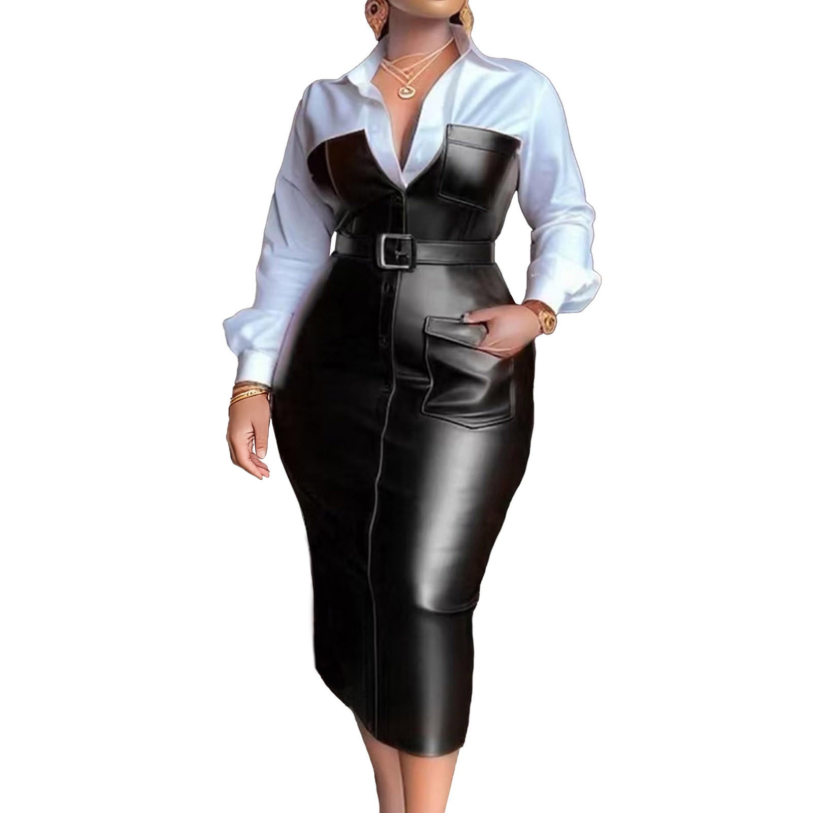 2025 Women Pu Leather Midi Dress Lapel Collar Patchwork Button Front ...
